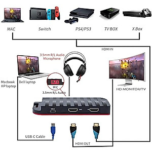 Capture Card, USB3.0/Type-C HDMI Video Game Capture Card,4K 30FPS,HD 1920x1080p 60FPS, with Mic Input and HDMI Passthrough for PS3/ PS4 Xbox Wii u Compatible with Windows, Linux, macOS, OBS Streaming