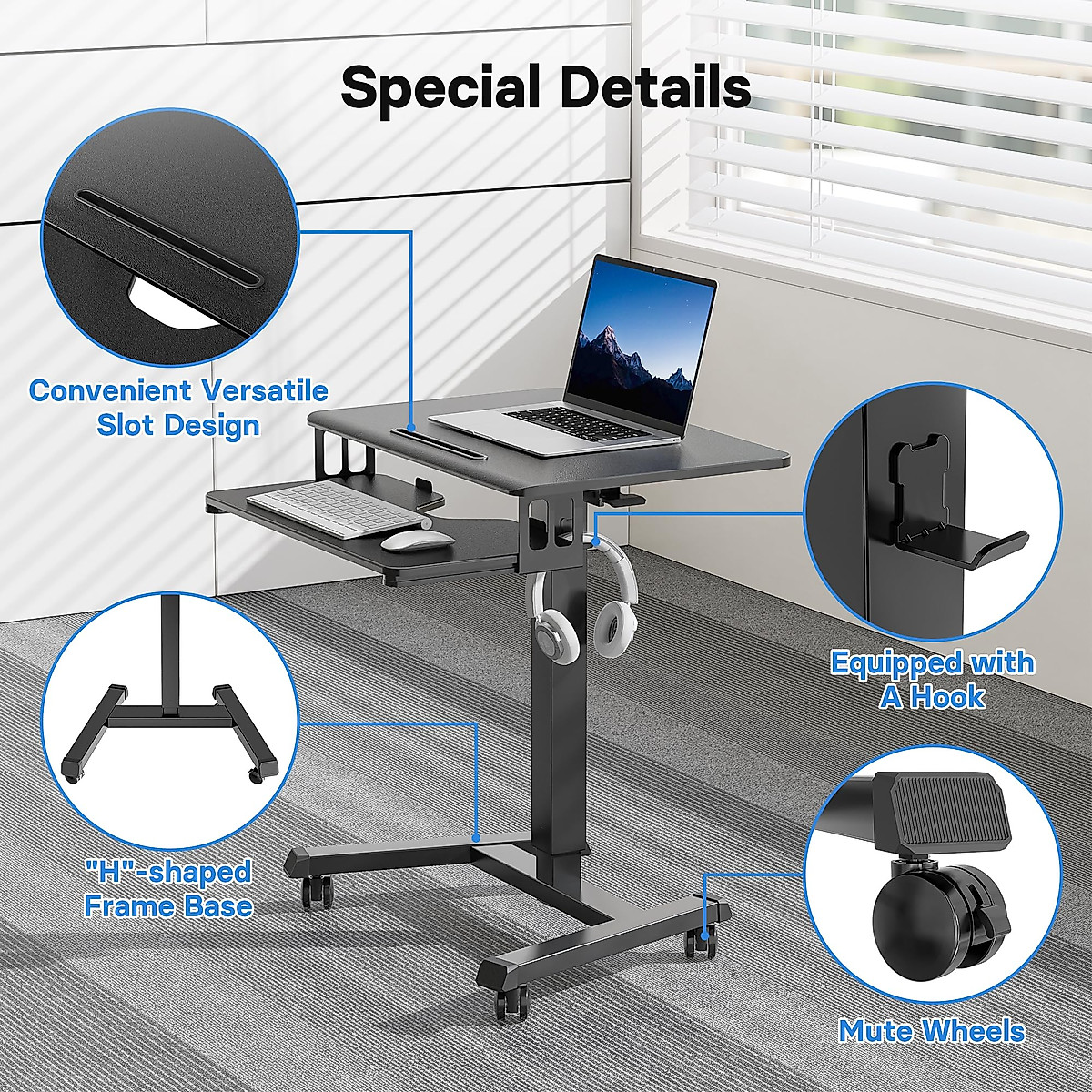 BONTEC Mobile Standing Desk with Keyboard Tray, Mobile Podium, Computer Workstation Up to 33Lbs, Laptop Sit or Stand Desk on Wheels, Height Adjustable Stand Up Table for Living Room, Bedroom, Office