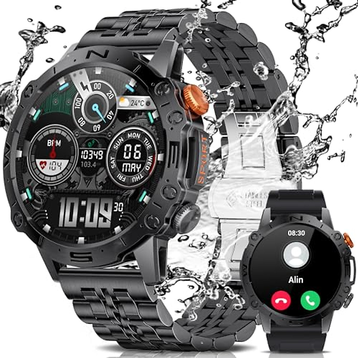 Smart Watches for Men,1.43'' Amoled Ultra HD Sport Watch with 120+Sport Modes/5ATM Waterproof/45Days Battery,in&Outdoor Fitness Tracker with Call,Heart Rate/Sleep Monitor for Android iOS(2 Straps)