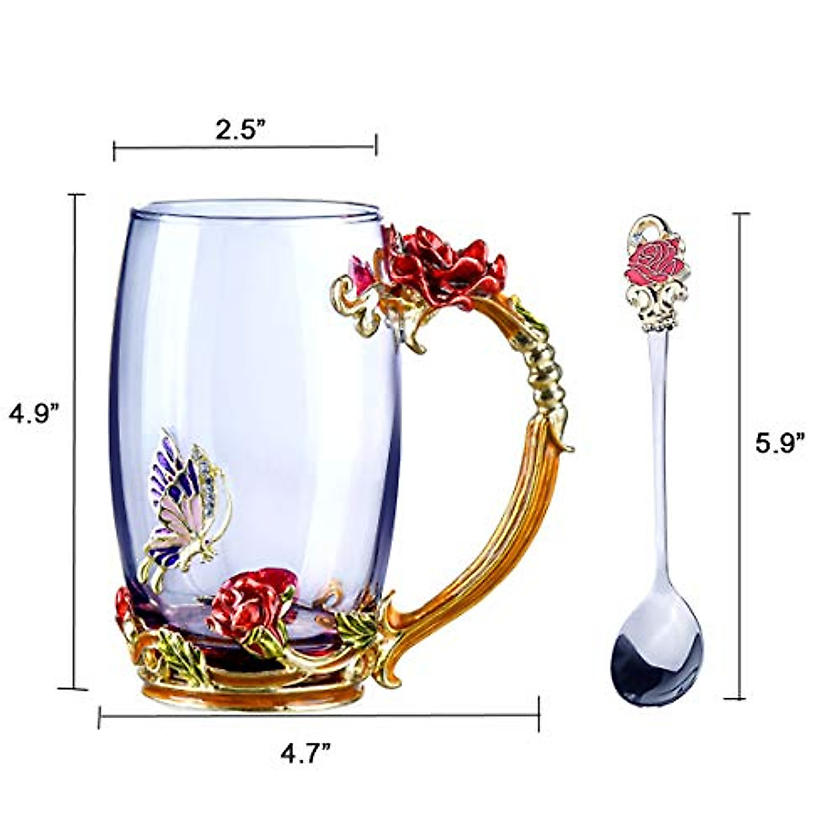 Flower Tea Cups, Unique Coffee Mugs, Butterfly Glass Mug with Spoon Set, Handmade Rose Butterflies Gifts - Best Valentine's Day Mother's Day Gift (13oz, Red)