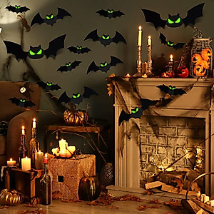 FOPINOA 3D Bats Wall Decor, 144 PCS Glow in The Dark Halloween Bats 4 Size Glow Bats Decorations Sticker Decals for Halloween Home Room Wall Decoration