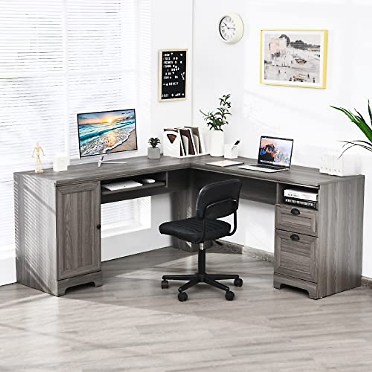 Tangkula 66" × 66" L-Shaped Desk, Corner Computer Desk with Drawers Keyboard Tray and Storage Cabinet, Home Office Desk, Sturdy and Space-Saving Computer Workstation