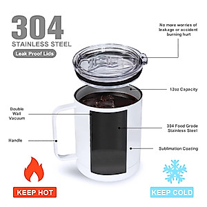 BetterSub 12oz Sublimation Tumbler Mugs with Handle and Sliding Lid, Display Box, Stainless Steel Coffee Camping Mugs Double Wall Vacuum Insulation Sublimation Blank, 6 Packs White