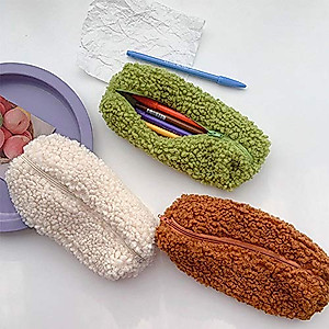 QIANSHENG 5 Pack Faux Lambswool Pencil Case Cute Plush Fuzzy Pen Pouch Bag Kawaii Zipper Cosmetic Bag Make Up Organizer School Office Supplies(Pink, Gray, White,Yellow,Brown)