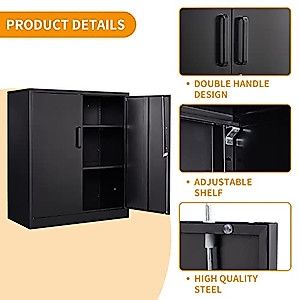 STANI Metal Storage Cabinet, Storage Cabinet with 2 Adjustable Shelves, Steel Counter Cabinet with Lockable Doors for Home Office (Black)