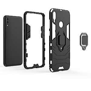 for Huawei Y7 2019 Case,Hybrid Heavy Duty Shockproof Armor Dual Layer Protection Defender Back Case Cover for Huawei Y7 2019 Tempered Glass Screen Protector (Black) (Black)