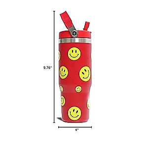 30 oz Tumbler with Handle and Flip Straw, Stainless Steel Vacuum Insulated Water Bottle Travel Mug Thermal Cup Smiley Red