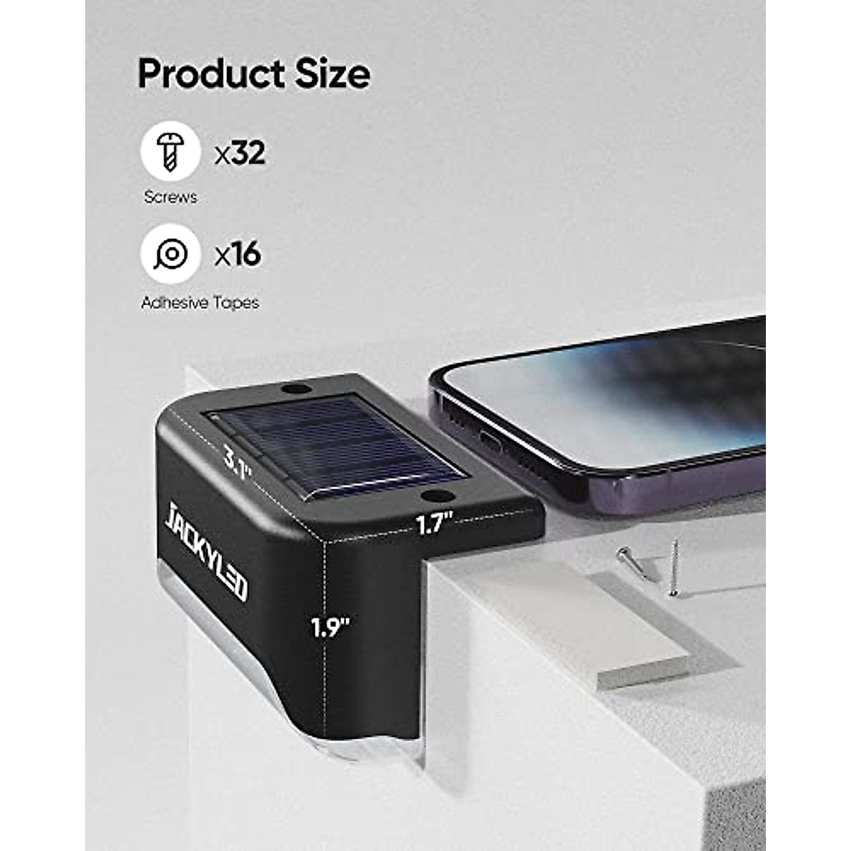 JACKYLED Solar Deck Lights Outdoor 16 Pack, Solar Step Lights Waterproof LED Solar Powered Outdoor Lights for Deck Stair Fence Railing Wall Garden Backyard