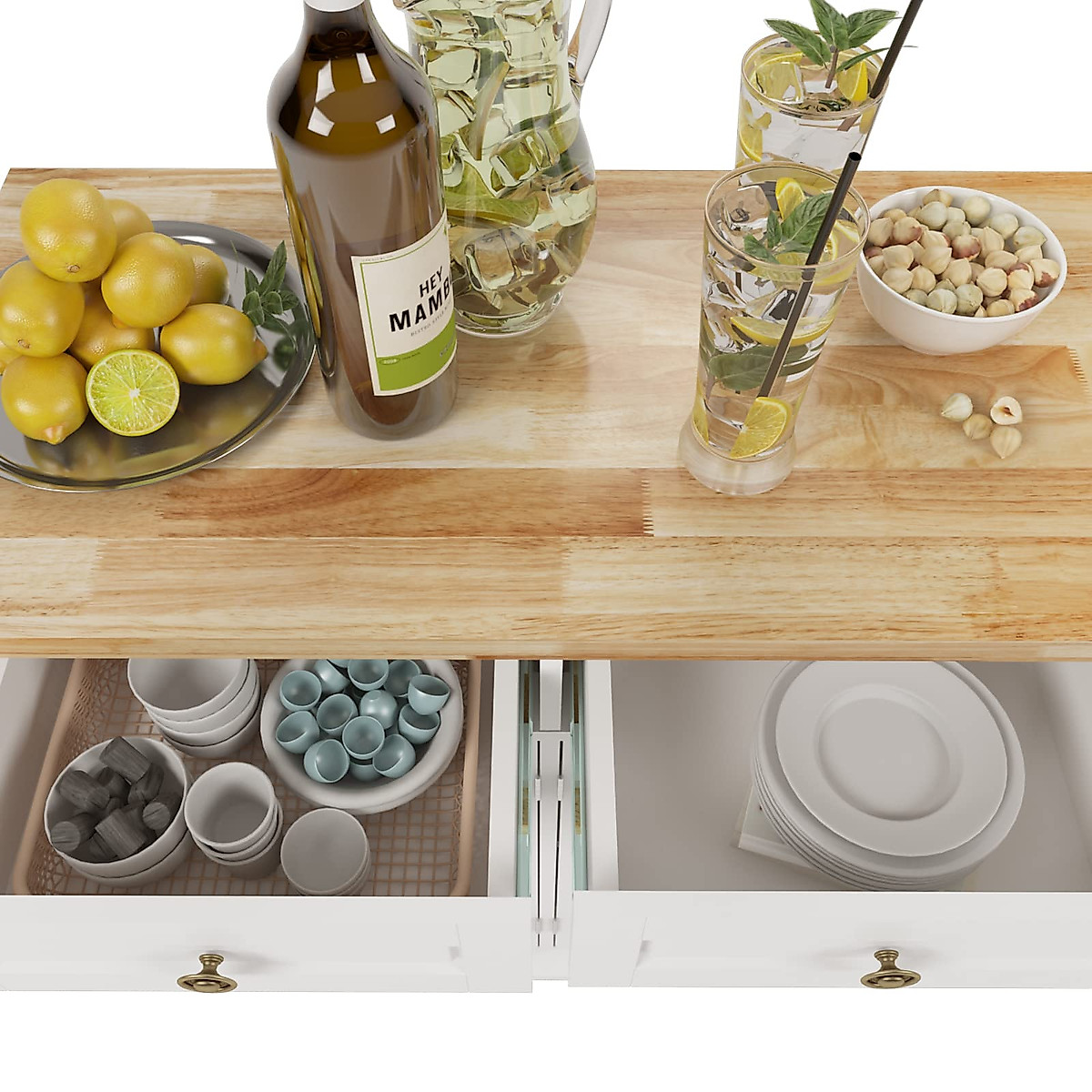 soges Rolling Kitchen Island Cart with Storage, Wood Trolley Cart with Spice and Towel Rack, Mobile Kitchen Storage Cabinet Island Table on Wheels, Serving Cart with Cabinet and Drawers,FZSR-HT01WT