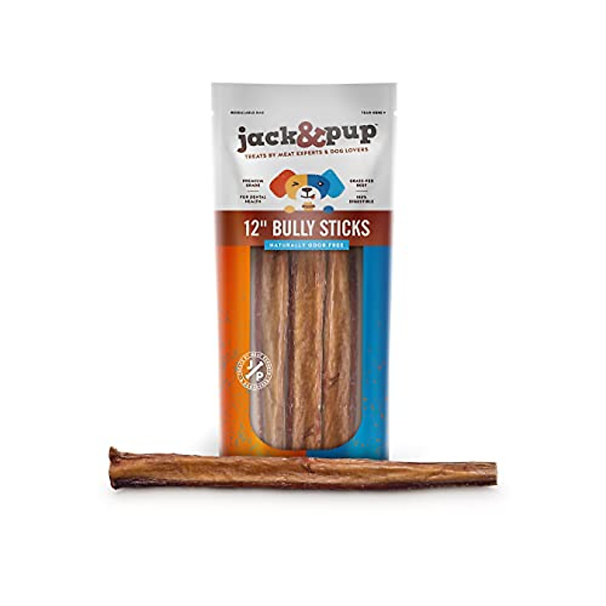 Jack&Pup 12-inch Premium Grade Odor Free Bully Sticks Dog Treats [Thick-Size] 12” Long All Natural Gourmet Dog Treat Chews – Fresh and Savory Beef Flavor – 30% Longer Lasting (3 Ct)