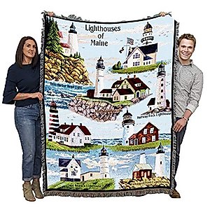 Lighthouses of Maine Blanket - Bass Harbor Cape Elizabeth Halfway Rock Sequin Neddick West Quoddy Portland Pemaquid - Coastal Ocean Gift Tapestry Throw Woven from Cotton - Made in the USA (72x54)