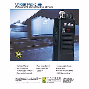 Uniden PRO401HH Professional Series 40 Channel Handheld CB Radio, 4 Watts Power with Hi/Low Power Switch, Auto noise cancellation, Belt Clip And Strap Included, 2.75in. x 4.33in. x 8.66in.