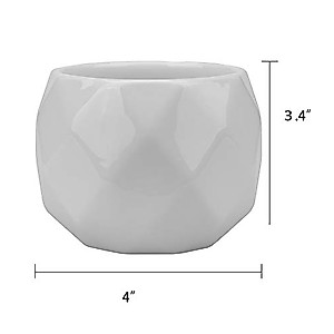 Jucoan 6 Pack Ceramic Succulent Planter Pot with Bamboo Tray, 4 Inches Small White Diamond Shaped Cactus Herb Flowers Planter with Drainage Hole