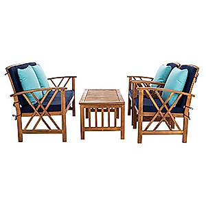 SAFAVIEH Outdoor Collection Fontana Natural/ Navy Cushions/ Blue Pillows 4-Piece Conversation Patio Set