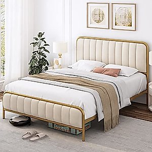 HITHOS Full Size Bed Frame, Upholstered Bed Frame with Button Tufted Headboard, Heavy Duty Metal Mattress Foundation with Wooden Slats, Easy Assembly, No Box Spring Needed (Golden/Off White, Full)