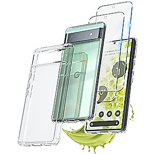 for Google Pixel 6a - JIC Bundle [4 in 1] - Slim Hybrid-Material Clear Case with Protective Airbag Corners + 2 Ultra Clear Tempered Glass Screen Protectors + 1 Screen Polishing Cloth