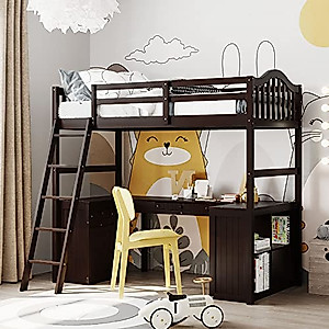 Lepfun Twin Size Wooden Loft Bed with Desk/2 Drawers/Cabinet/4 Shelves, Multi-Functional Loft Bed with Ladder and Guardrails, No Box Spring Required, Wood Bed Frame for Bedroom,Apartment, Espresso
