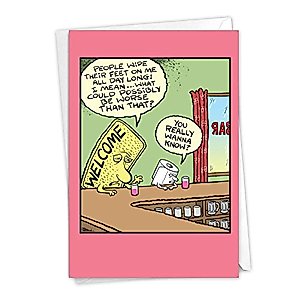 NobleWorks - 1 Happy Birthday Greeting Card Funny - Cartoon Comic Humor, Celebrate Birthdays Notecard - Welcome Mat C9283BDG