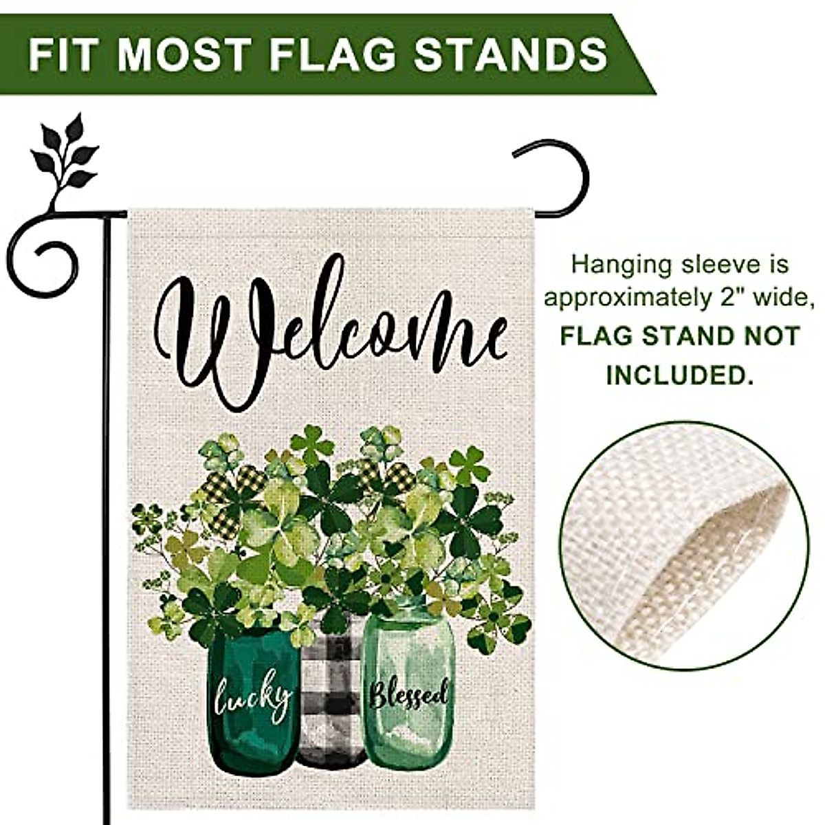 Whaline St. Patrick's Day Garden Flag Vase Lucky Clover Garden Yard Flag Mason Jars Double Sided Print Yard Banner Irish Spring Seasonal Outdoor Home Decoration Garden Flag Welcome Yard Decoration