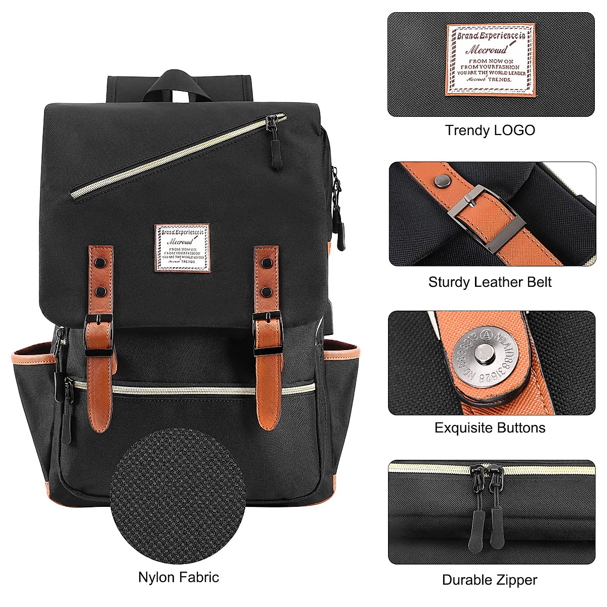 Mecrowd Vintage Laptop Backpack with USB Charging Port, Backpack for College School Student Fits up to 15.6 Inch Laptop Computer Backpack Casual Rucksack for Men Women (Black)