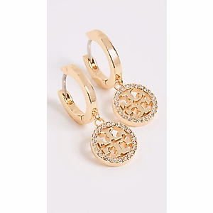 Tory Burch Women's Miller Pave Huggie Hoop Earrings, Tory Gold/Crystal, One Size