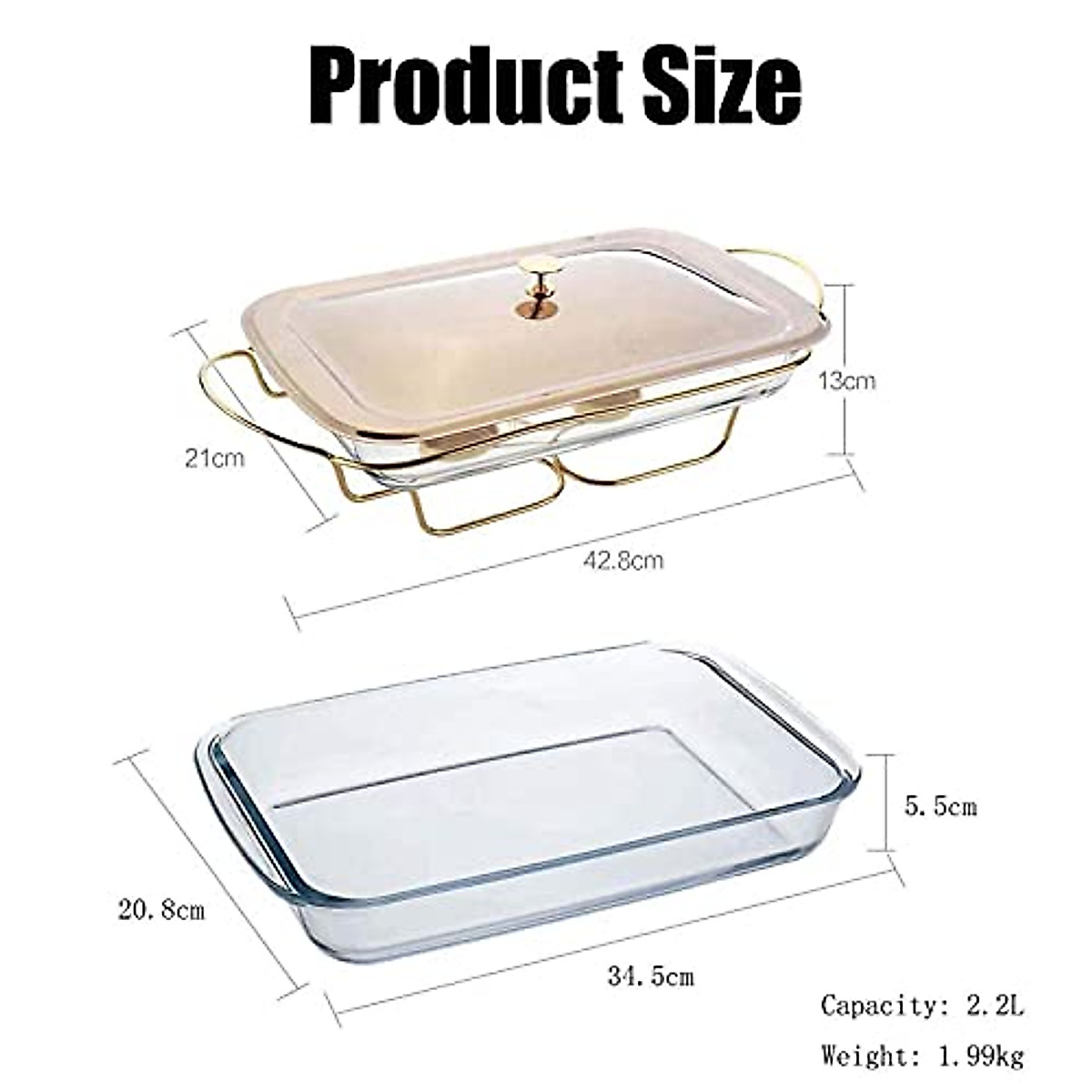 Chafing Dish Food Warmer Stainless Rectangular Buffet Server with 1 Tempered Glass Bakeware for Buffet Catering Kitchen Party (Silver)