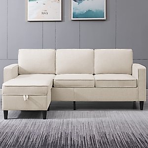 Mjkone Convertible Sectional Sofa Couch, Sofas with Solid Wood Legs and Storage Ottoman, L-Shape Couch with 4 Side Pockets, Couches for Living Room/Apartment/Office (Beige)
