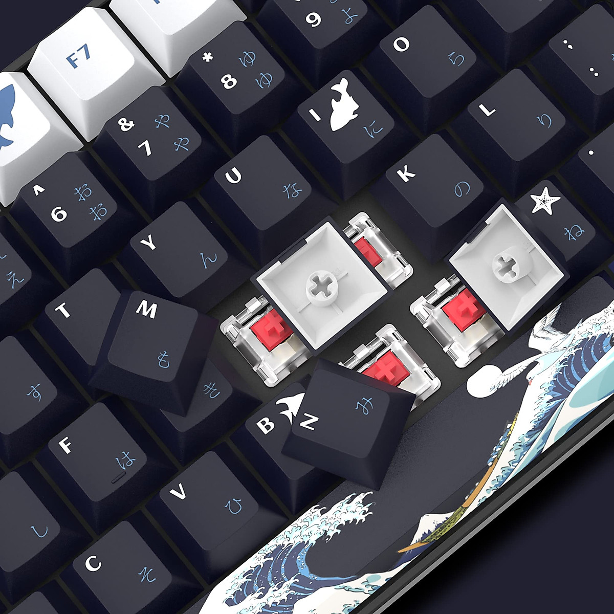 XVX PBT Keycaps 132 Keys, Great Wave Off Kanagawa Japanese Keyboard Keycaps, 5 Side DYE-Sub Custom Keycap Set, Cherry Profile Keycaps for Cherry Gateron MX Switches Mechanical Keyboard