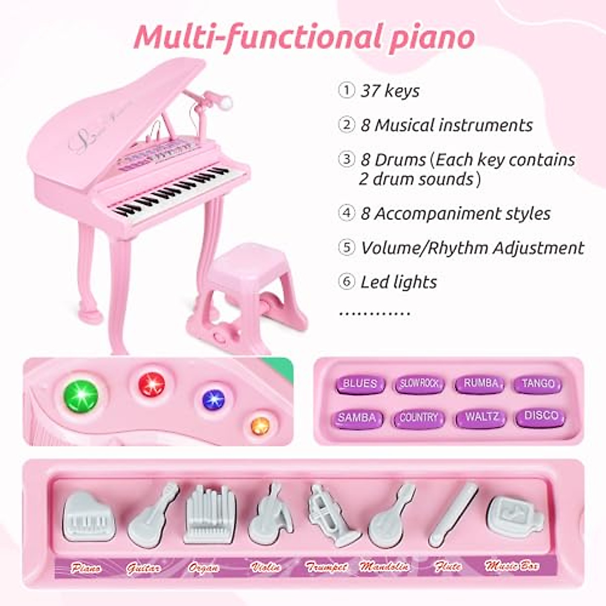 Kids Piano Keyboard Toys 37 Keys,Grand Piano for Beginners,3 4 5 6 Years Old Toddler Girl Boy Gift,Educational Musical Instrument,w/Microphone,Stool,Piano Lid,Lights,Note Stickers,Enamel Finish- Pink