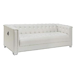 Coaster Furniture Chaviano Collection 87 inch Sofa with Padded Breathable Leatherette Upholstery Chrome Legs and Button Tufting In Pearl 505391