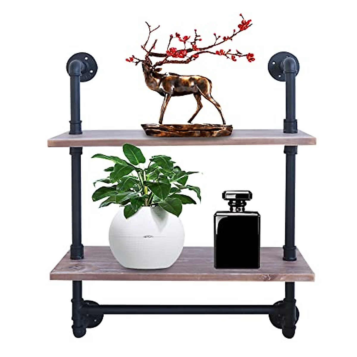 TFCFL 2 Tier Wall-Mounted Industrial Wood Shelving, Rustic Metal Floating Shelves Real Wood Book Shelves Wall Shelf Unit Bookshelf Hanging Wall Shelves for Farmhouse Kitchen Bar, 24x9.89x30.9inch