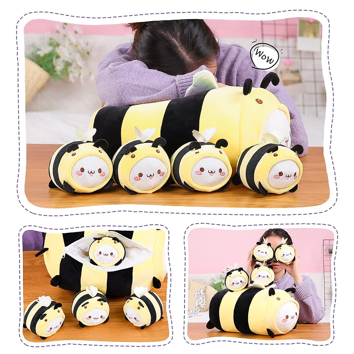 AIXINI Cute Cat Mommy Plush Pillow with 4 Little Baby Cats Stuffed Animal, Super Soft Kawaii Fat Cat Chubby Kitten Hugging Toy Gifts for Bedding