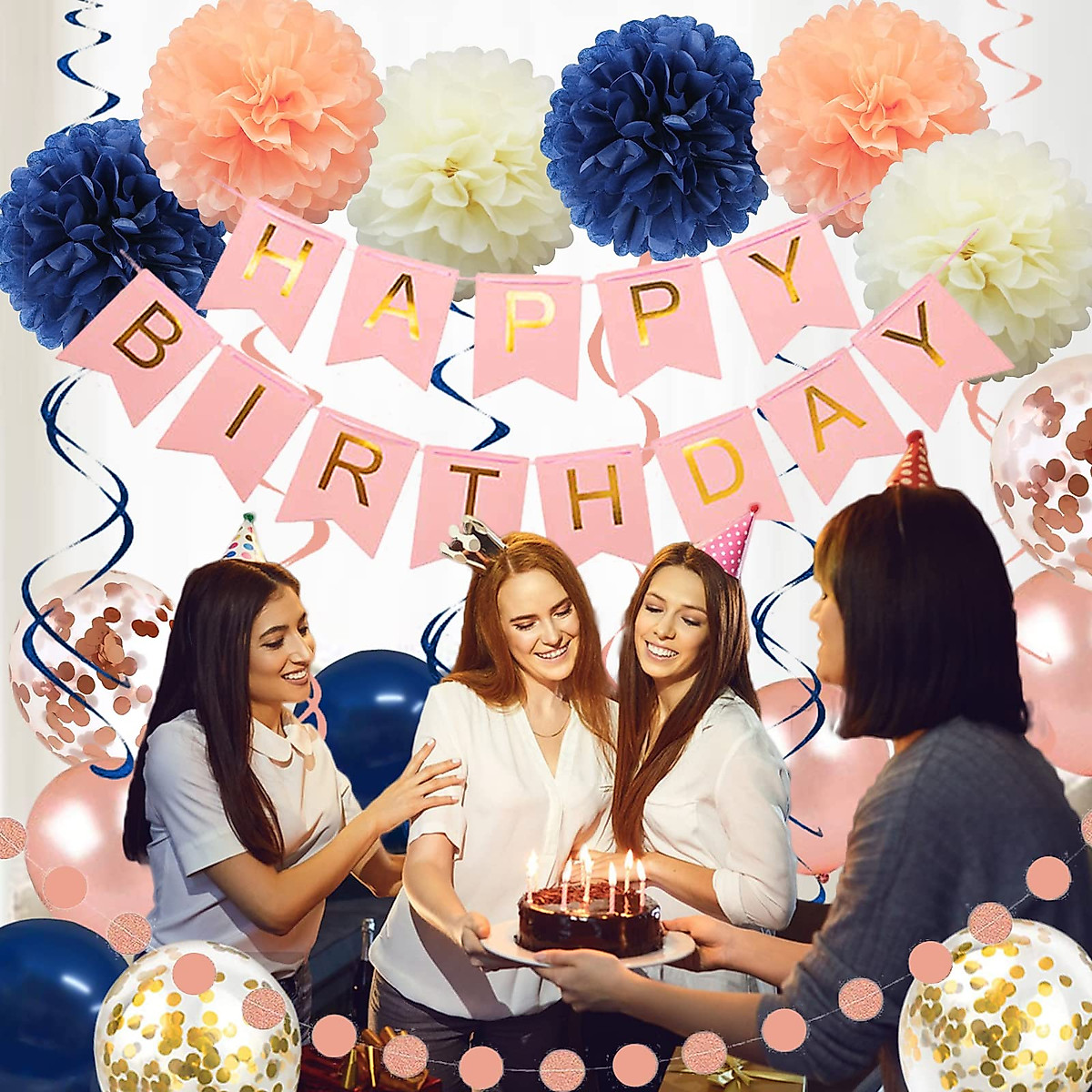 Navy Blue Rose Gold Birthday Decorations for 1st 16th 18th 21th 25th 30th 35th 40th 50th 60th 70th Birthday, Happy Birthday Banner, Navy Blue Rose Gold Birthday Party Supplies