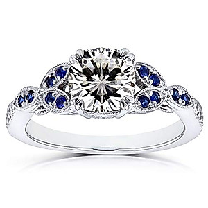Kobelli Vintage Style Floral Cushion Moissanite (GH) with Sapphire and Diamond Accents Engagement Ring 1 1/3 Carat TGW in 14k White Gold - Size 11