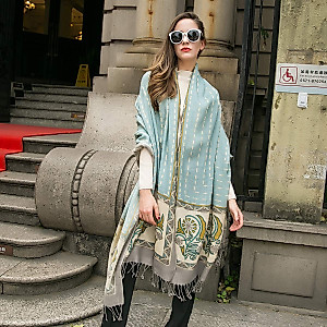 DANA XU 100% Merino Wool Extra Large Pashmina Blanket Travel Scarf Cashmere Wrap for Women Fall Winter Oversize Shawl Floral