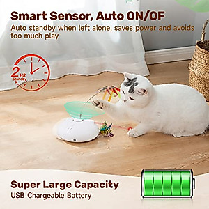 Potaroma Electric Running Cat Laser Toys Interactive, Fluttering Butterfly, 4in1 Automatic Rechargeable Kitten Toy, Colored Feather, Indoor Exercise Cat Kicker, White