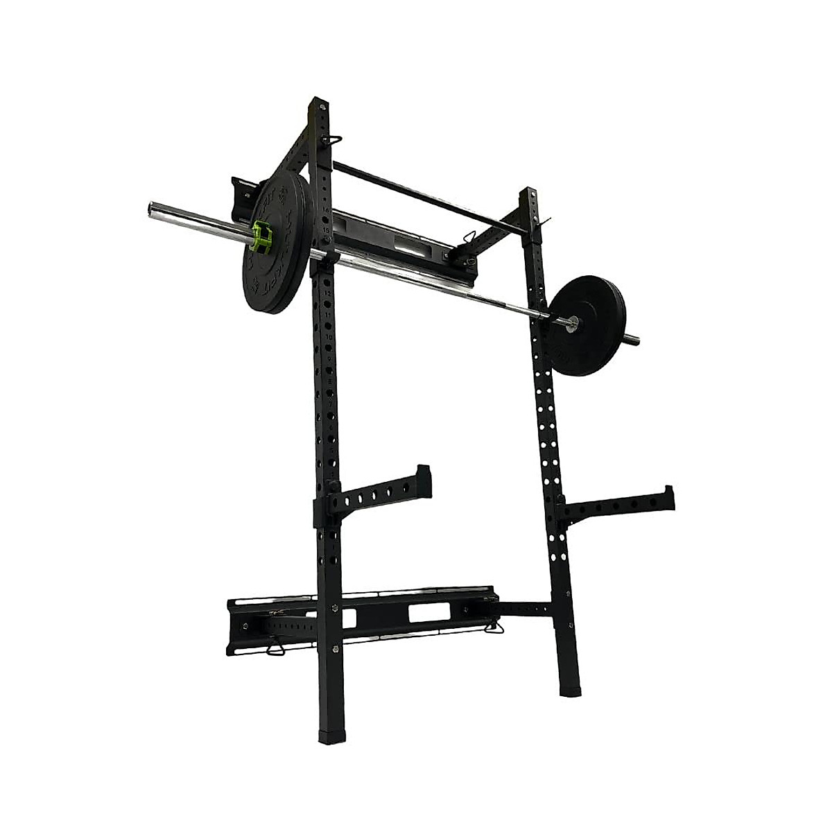 HulkFit Pro Series Wall Mounted Folding Power Rack Cage with J Hooks and Height Adjustable Pull Up Bar - Black