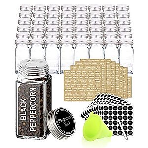 SWOMMOLY 48 Glass Spice Jars with 703 Spice Labels, Chalk Marker and Funnel Complete Set. 48 Square Glass Jars 4OZ, Airtight Cap, Pour/sift Shaker Lid
