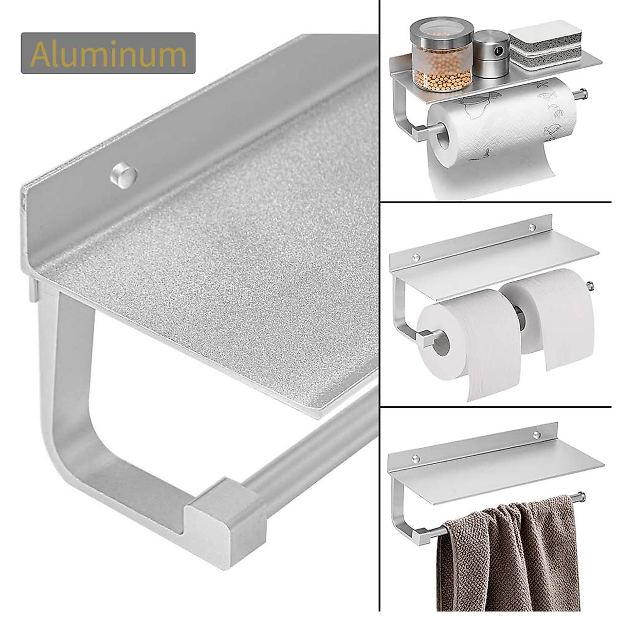 BESy Adhesive Paper Towel Holder Wall Mounted for Kitchen 13 in, Bathroom Tissue Roll Hanger with Storage Shelf, Space Aluminum, Self Adhesive with Glue or Wall Mount with Screws, Dull Polished Silver