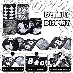 AnyDesign 30 Yards Halloween Wired Edge Ribbon 5 Roll Spooky Boo Ghost Spider Wed Checks Decorative Ribbon Black White Halloween Craft Fabric Ribbon for Wreath Bow Making DIY Gift Wrapping Supplies