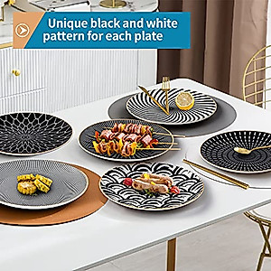 Sanbege 6 Pcs Porcelain Salad Plates, 8" Ceramic Serving Plates, Mix Match Dishes for Sandwich, Pasta, Steak, Dessert (Black and White)