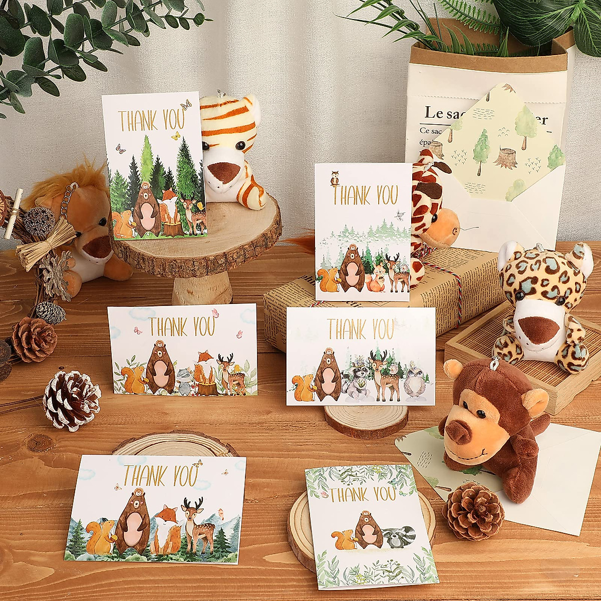 Zonon 72 Pieces Woodland Thank You Cards 36 Forest Envelopes and 36 Bear Forest Greeting Thank You Cards Animal Blank Notes Card for Baby Shower Party
