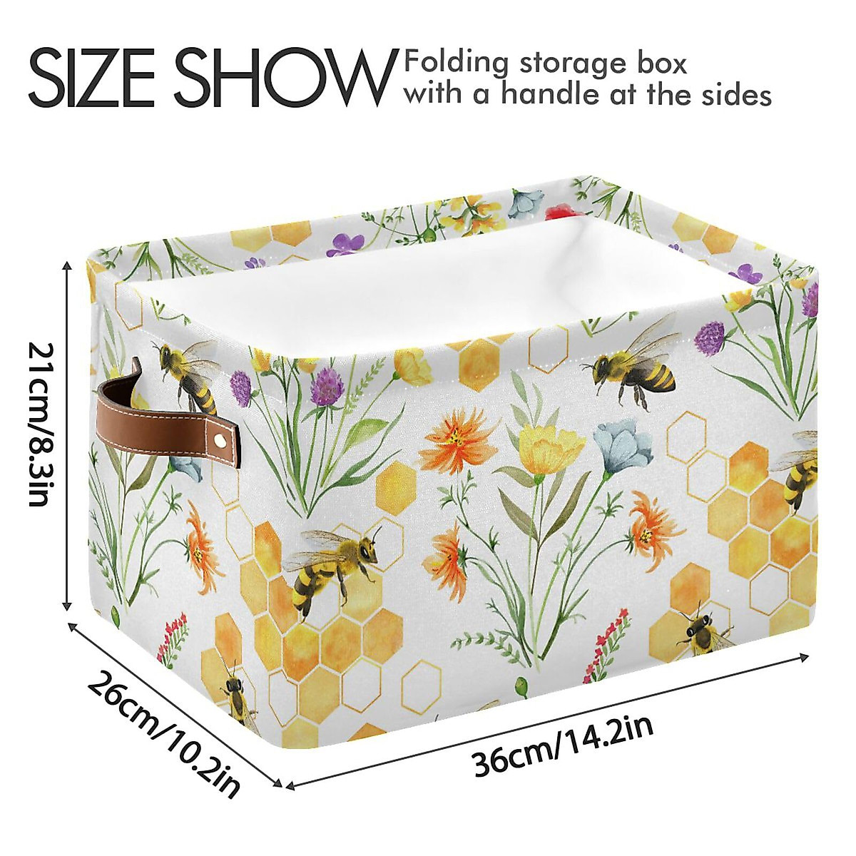 Wildflowers and Bees Large Storage Basket Cube Storage Bin Canvas Fabric Organizer Handles Collapsible Decorative for Clothes Toys Bedroom