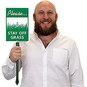 SmartSign 10 x 7 inch “Please Stay Off Grass” Yard Sign and Stake Kit, 40 mil Laminated Rustproof Aluminum, Black/Red on White, Set of 1