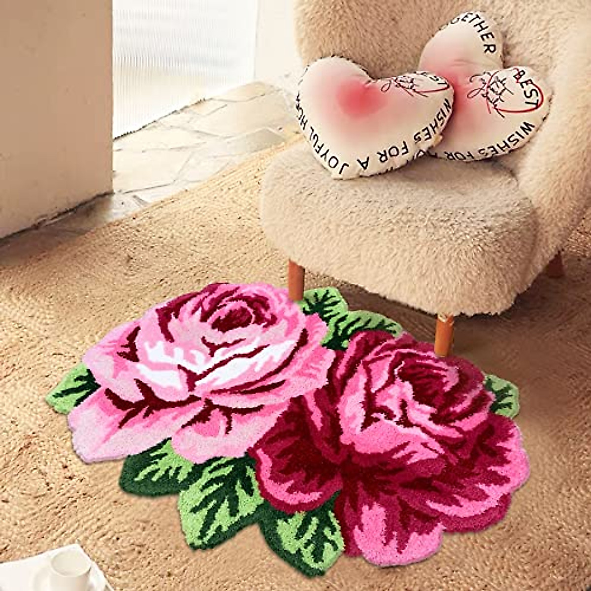 ABREEZE Rose Rug Rose Carpet Pink Plush Bath Mat Door Mat Nonslip Bathroom Rug Flower Rug Kitchen Area Rugs Modern Living Room Rug, Pink