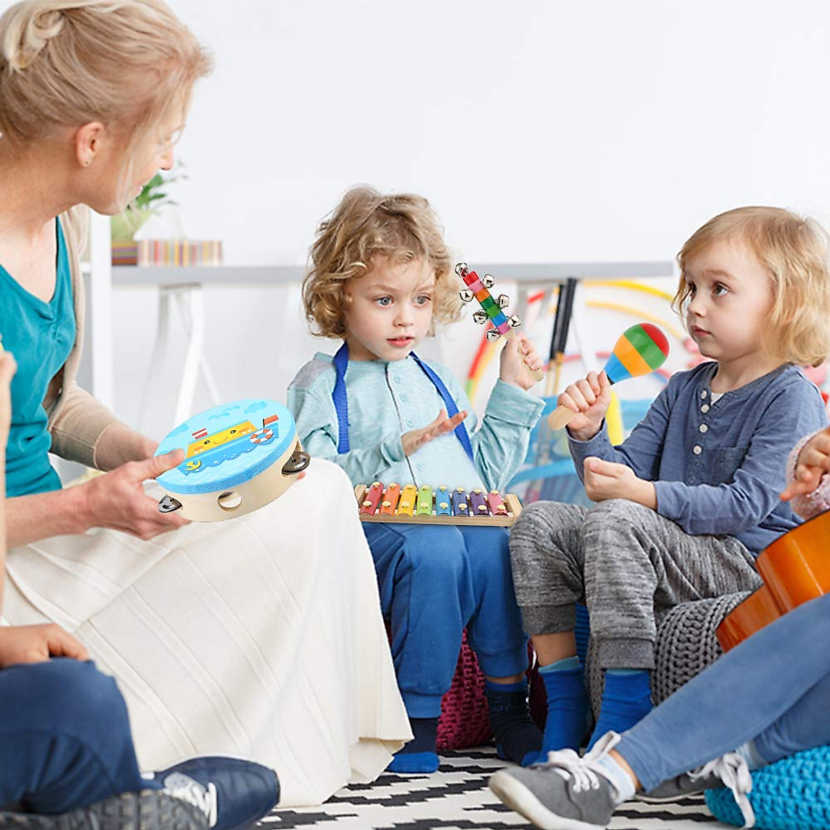 Toys for Toddlers, 25 Pcs Wooden Musical Percussion Instruments, Preschool Educational Learning Tambourine Xylophone Toys for Toddlers Kids Children with Storage