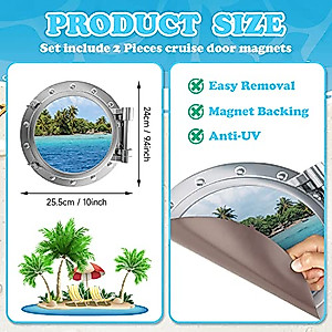 2 Pcs Cruise Door Decorations, Porthole Cruise Door Magnets 10 '' Set Palm Tree Cruise Dolphin Turtle The Sea Nature Scenery Fridge Decor for Carnival Cruise Car