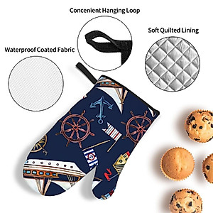 Nautical Sailboat Anchor Lighthouse Oven Mitts and Pot Holders Sets of 4,Non-Slip Heat Resistant Oven Gloves for Baking Cooking Grilling BBQ