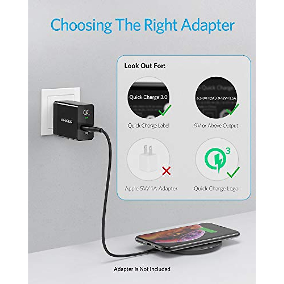 Anker Wireless Charger, 313 Wireless Charger (Pad), Qi-Certified 10W Max for iPhone 14/14 Pro/14 Pro Max/13/13 Pro Max, AirPods (No AC Adapter, Not Compatible with MagSafe Magnetic Charging)