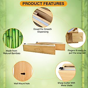 NovaNest Wrap Organizer Dispenser with Cutter, (2 Piece Set), Fits 12" Rolls, Plastic Wrap, Aluminum Foil, Wax Paper, Saran Wrap, Cling Wrap Holder for Kitchen Storage, Mountable, Bamboo